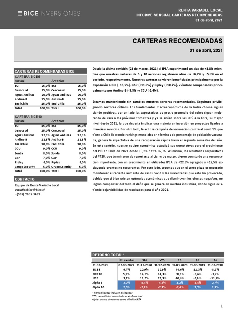 Informe Mensual Carteras Recomendadas | PDF | Economias