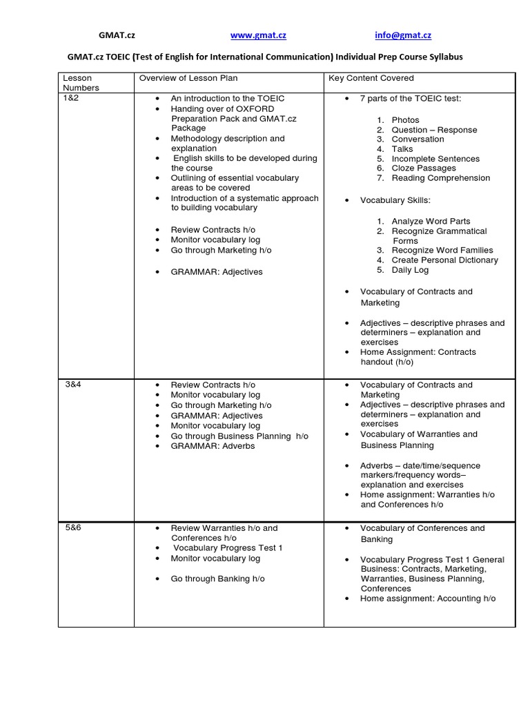 TOEIC Prep Course Syllabus Overview | PDF | Verb | Part Of Speech