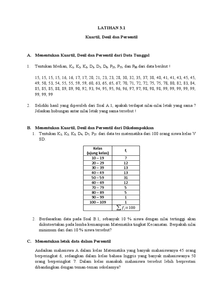 Latihan 3.1 (Kuartil, Desil Dan Persentil) | PDF