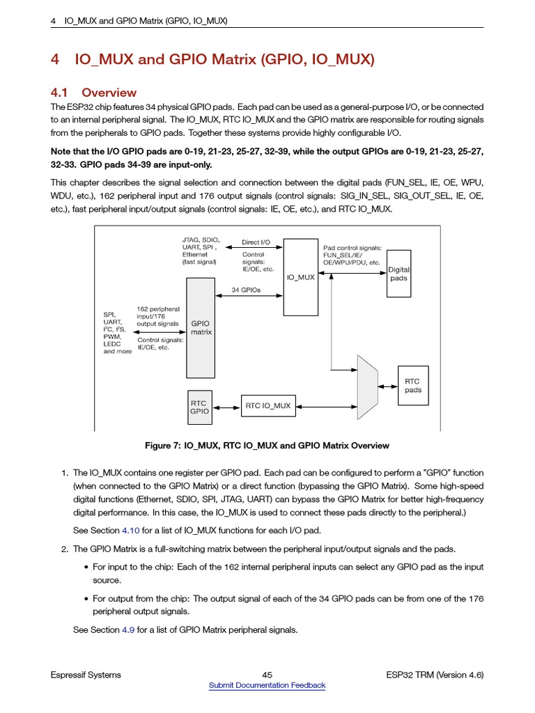 4 IO - MUX and GPIO Matrix (GPIO, IO - MUX) : 4.1 Overview | PDF ...