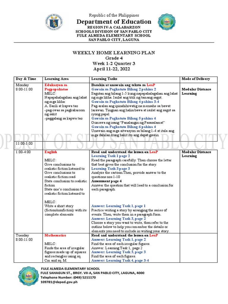 Department of Education: Weekly Home Learning Plan Grade 4 Week 1-2 ...