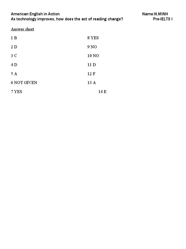 Answer Sheet Reading E-Readers | PDF