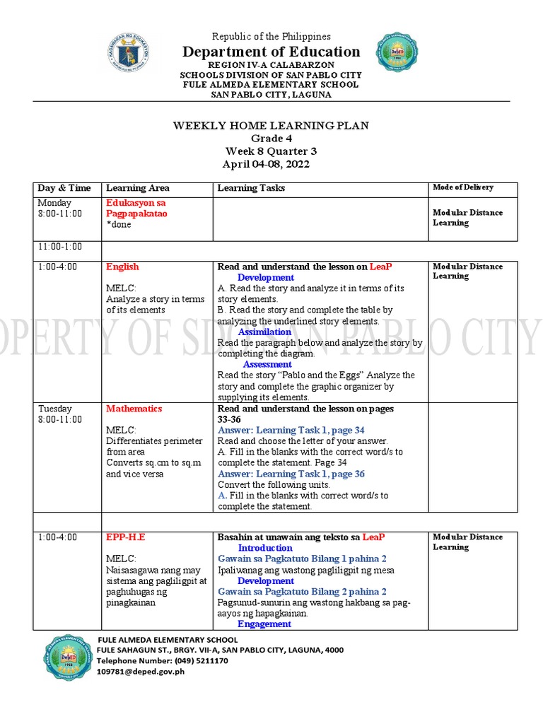 Department of Education: Weekly Home Learning Plan Grade 4 Week 8 ...