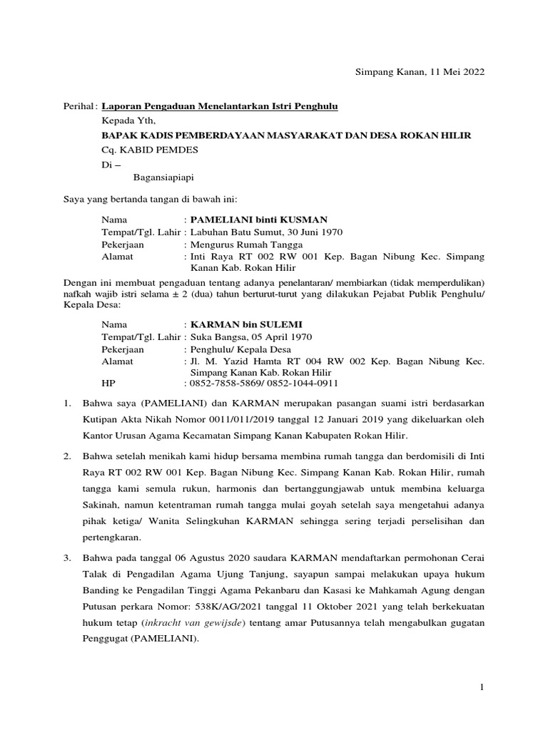 Pengaduan Penelantaran Istri DPMD RHL | PDF