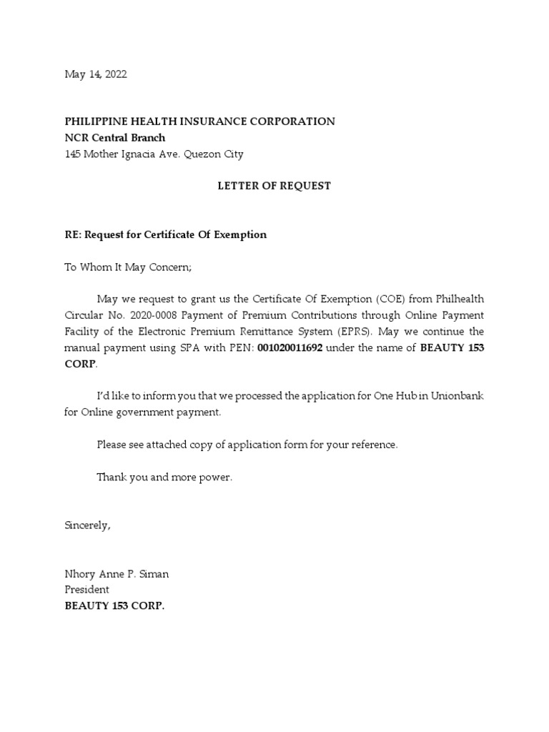 Letter of Request - Beauty 153 Philhealth | PDF