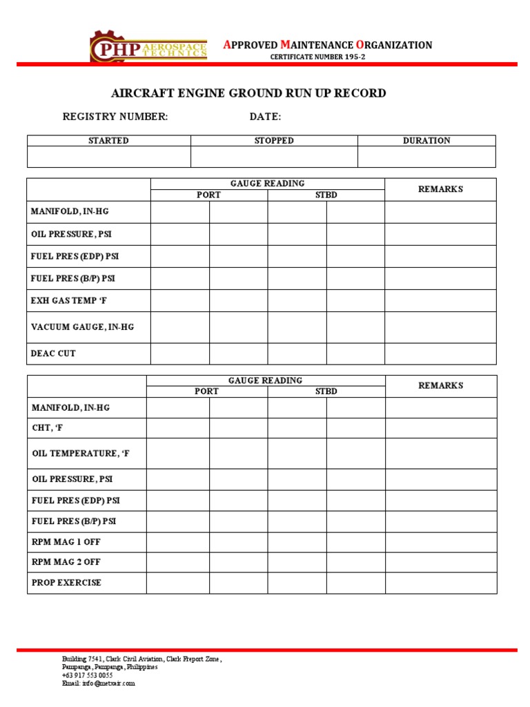 Aircraft Engine Ground Run Up Record Multi Engine | PDF | Engine ...