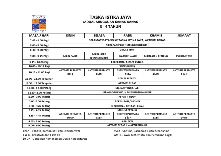 Jadual Mingguan Taska - 3 Bulan - 4 Tahun | PDF