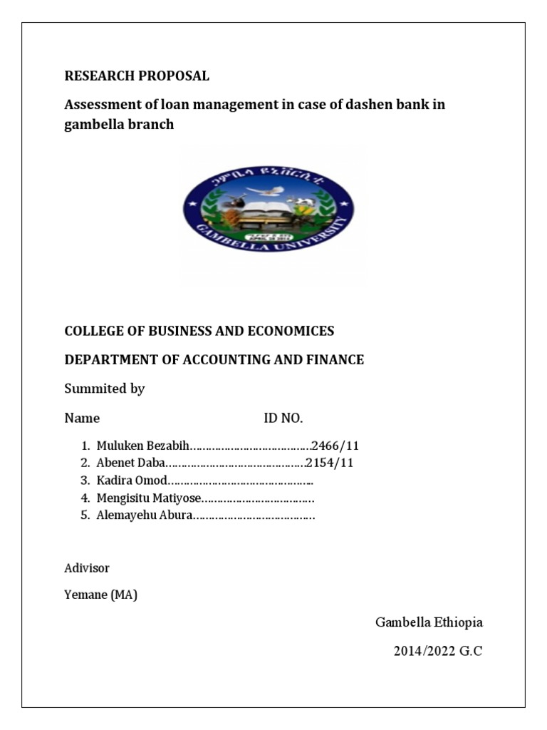 Research Proposal Assessment of Loan Management in Case of Dashen Bank ...