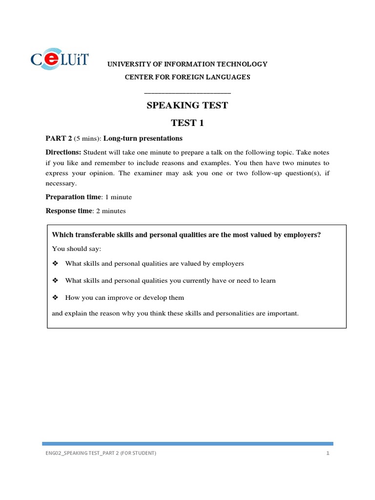 Speaking Test Test 1: University of Information Technology Center For ...