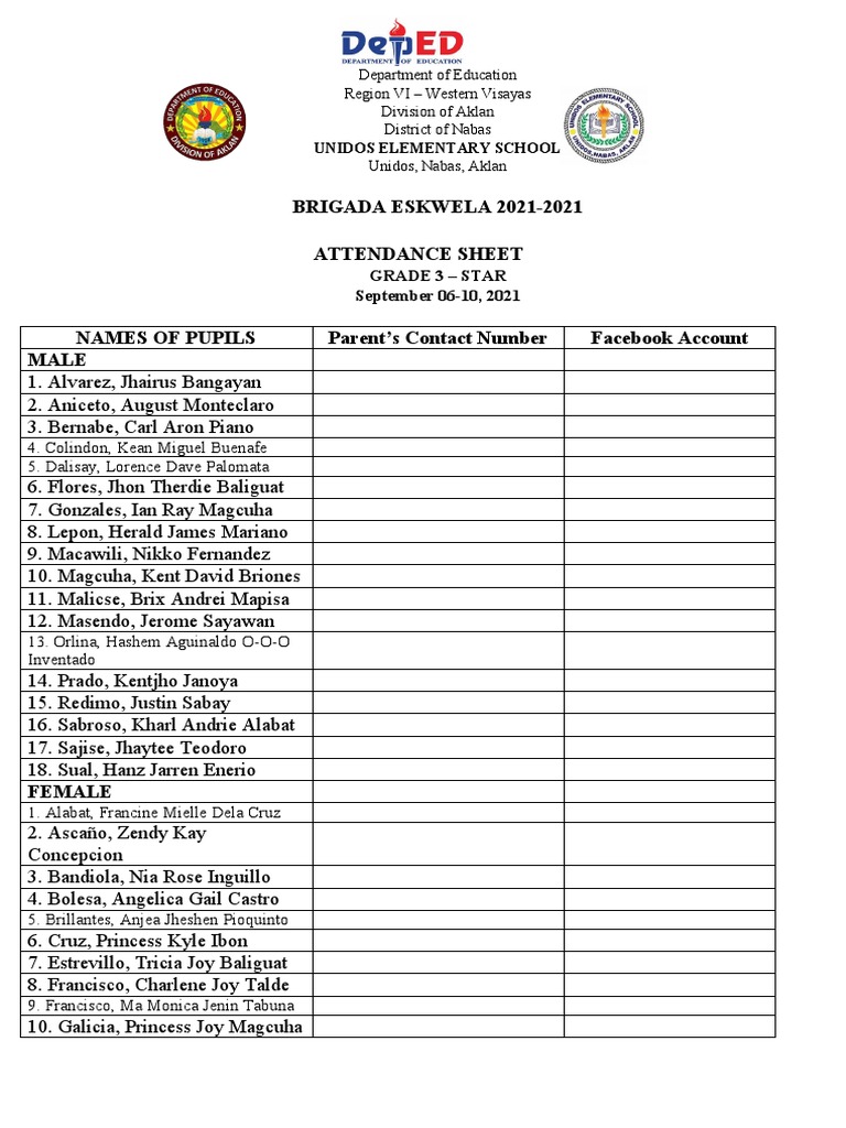 Brigada Attendance Sheet 2021-2022 | PDF