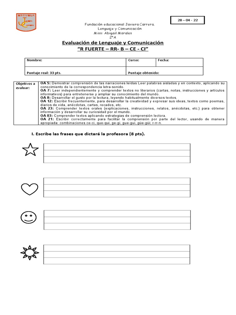 Evaluación Lenguaje Letras R - B - CE CI | PDF | Escritura | Aprendizaje