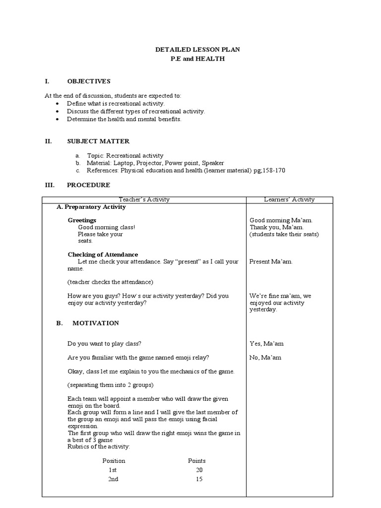 Detailed Lesson Plan | PDF | Recreation | Cognition