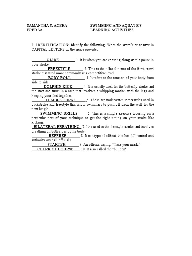 Swimming Techniques and Official Duties | PDF | Swimming (Sport ...