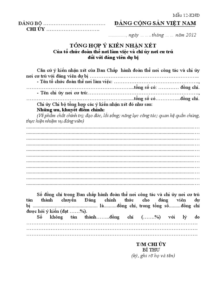 Mau 12-KND Tong Hop y Kien Nhan Xet Cua To Chuc Doan The Doi Voi Dang ...