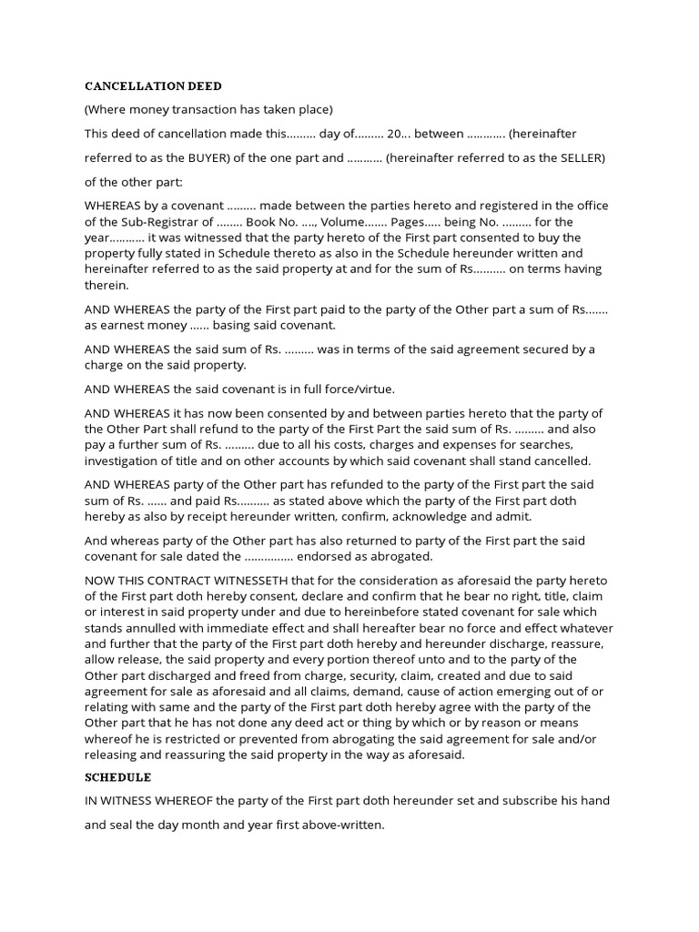 Deed Cancellation Deed | PDF | Covenant (Law) | Deed