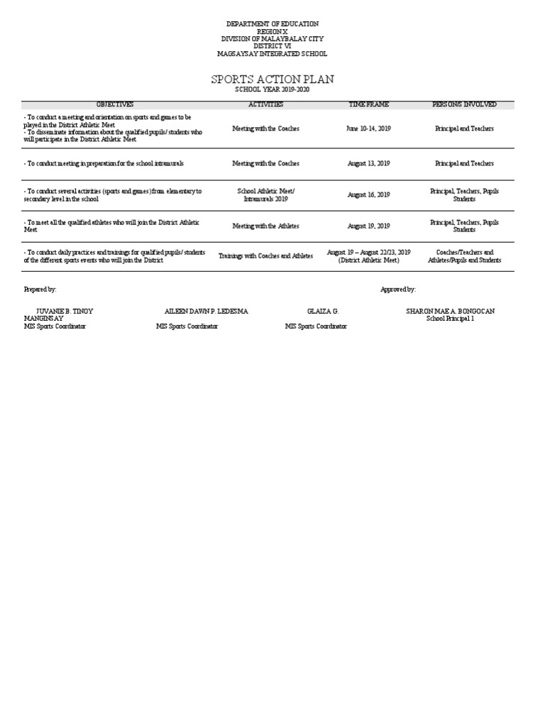 Sports Action Plan | PDF | Teachers | Teaching