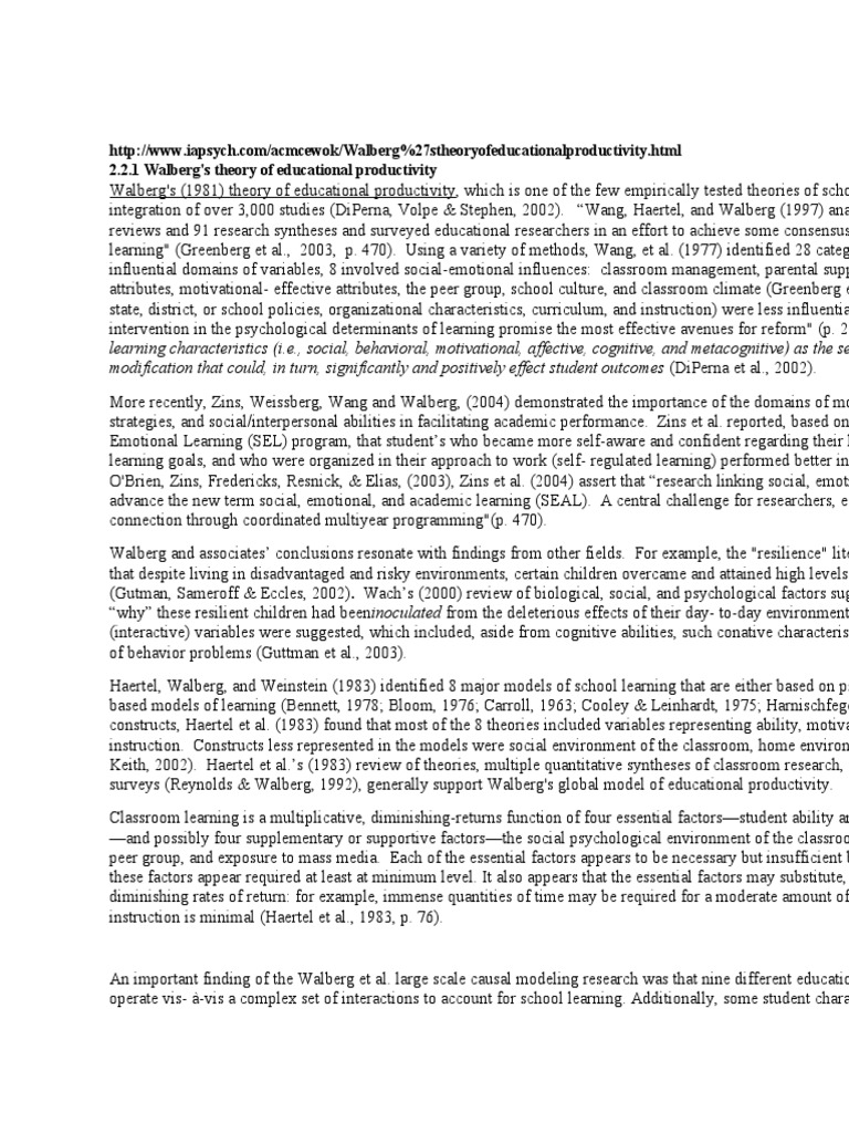 2.2.1 Walberg's Theory of Educational Productivity | PDF | Learning ...
