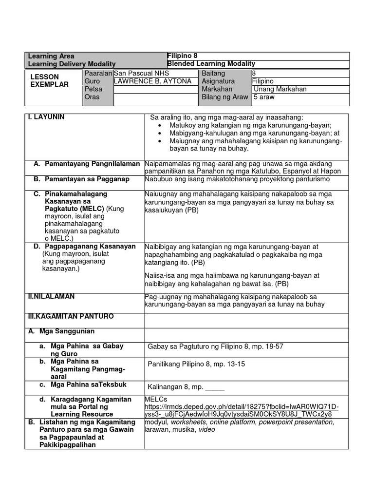 Sample Lesson Exemplar Fil 8 Le Blended Learning | PDF