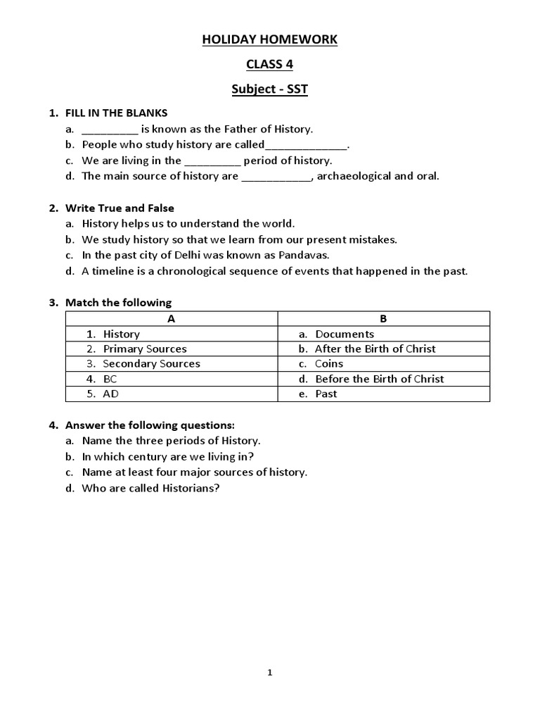 Class-4 SST Holiday Homework-1 | PDF