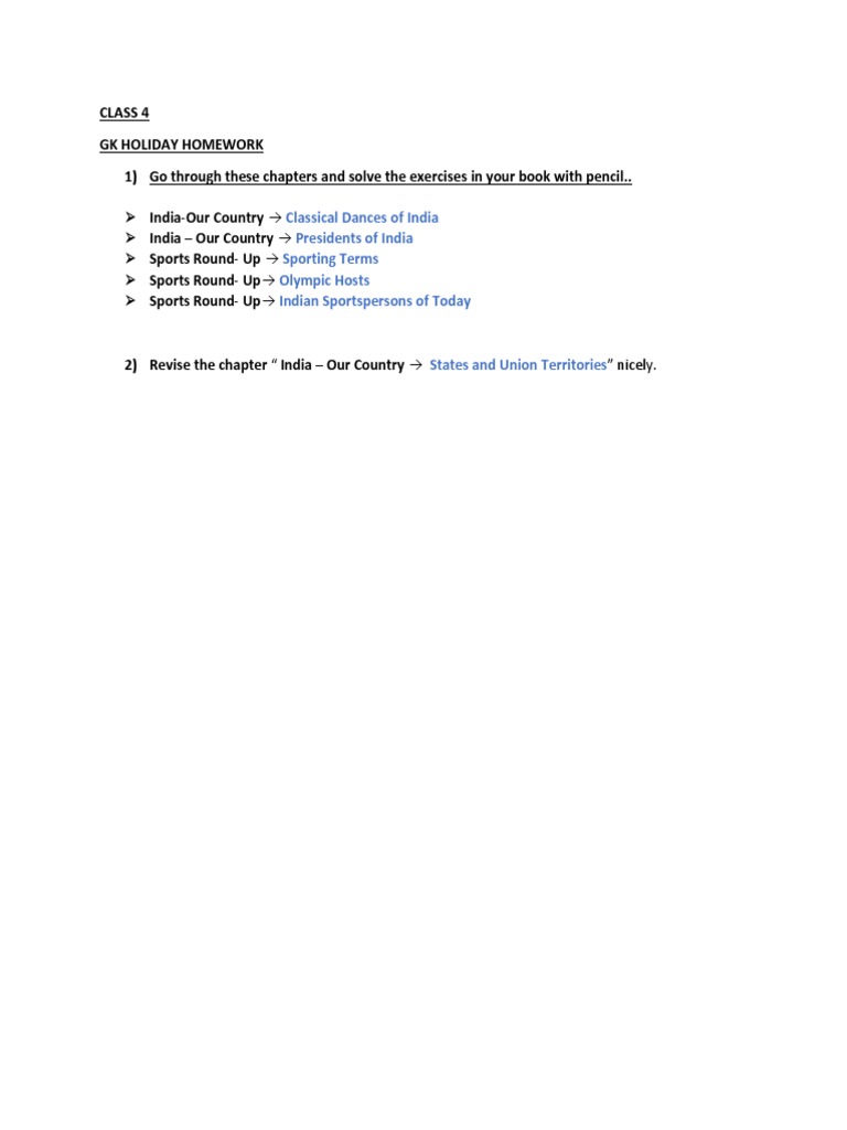 Class 4 GK Holiday Homework Guide | PDF