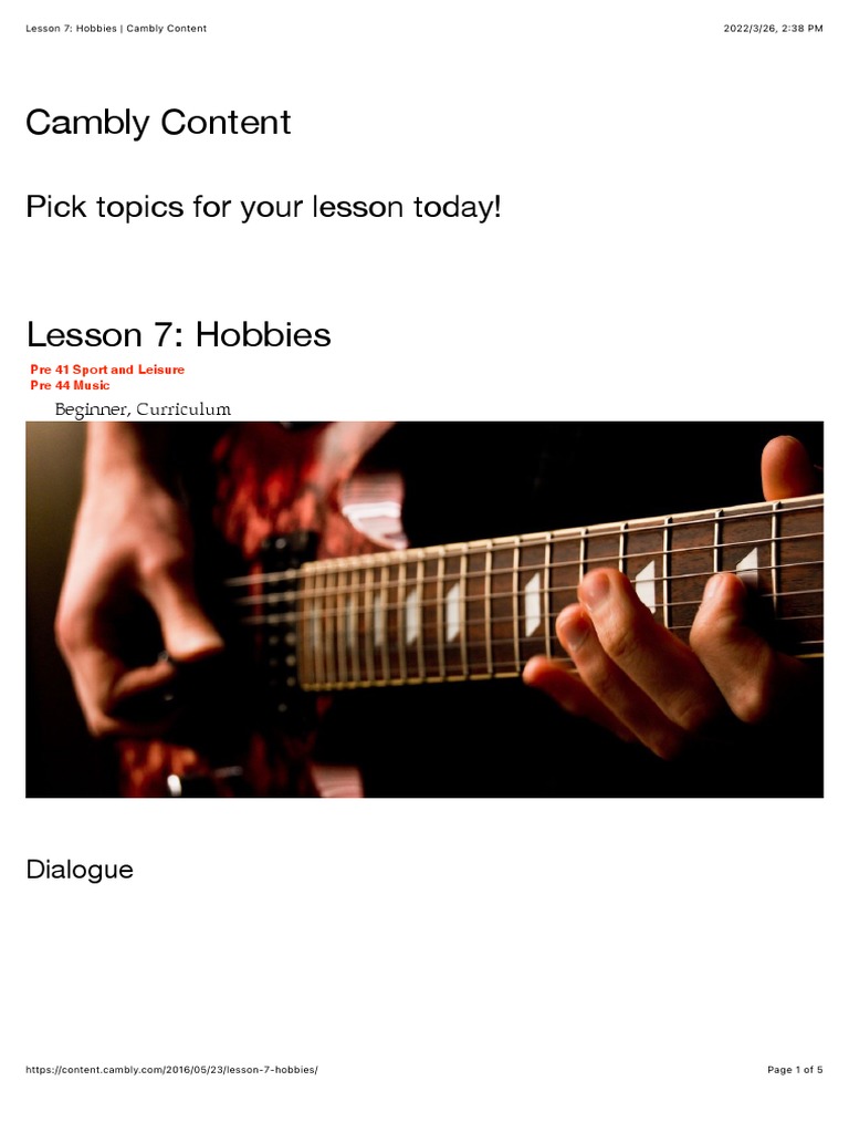 Lesson 7: Hobbies - Cambly Content | PDF | Hobbies | Leisure