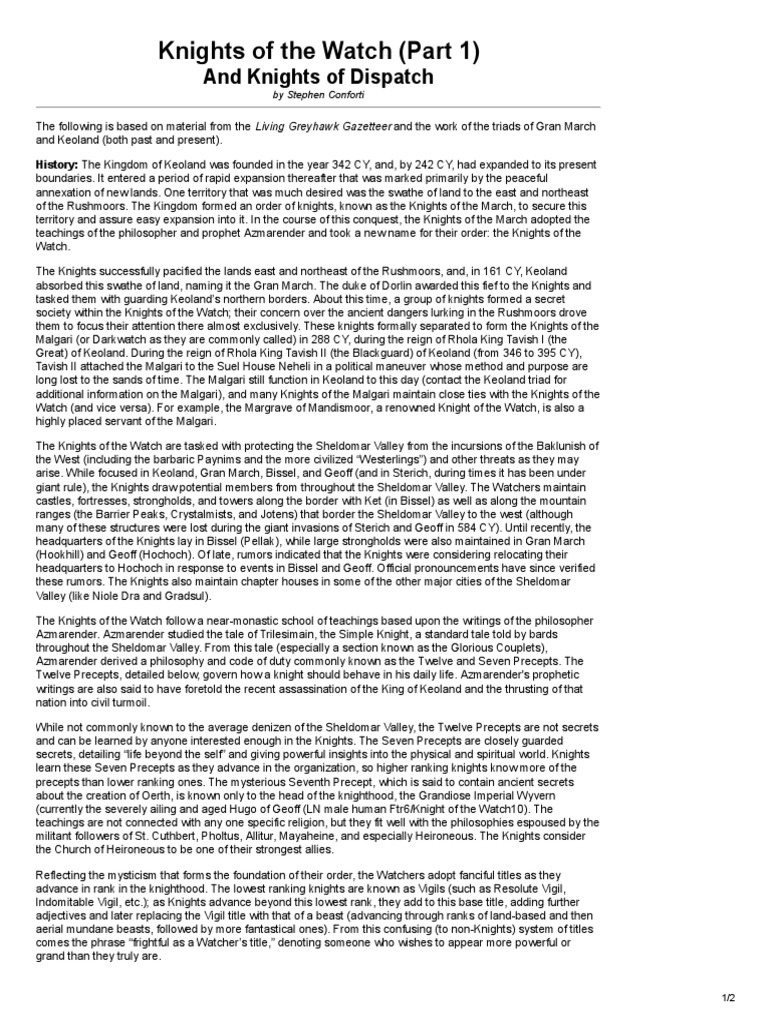 Living Greyhawk - Web Archive - Power Groups, Knights of The Watch ...