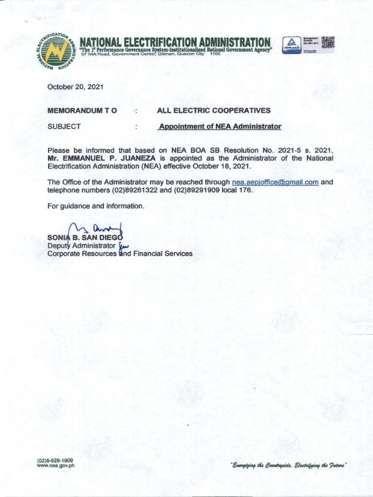 Memo To ECs - Appointment of EP-Juaneza As The NEA Administrator | PDF