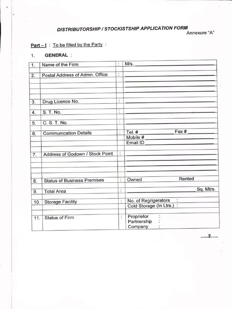 Distributorship/ Stockistship Application Form: Postal Address of Admn. Office | PDF | Banks ...