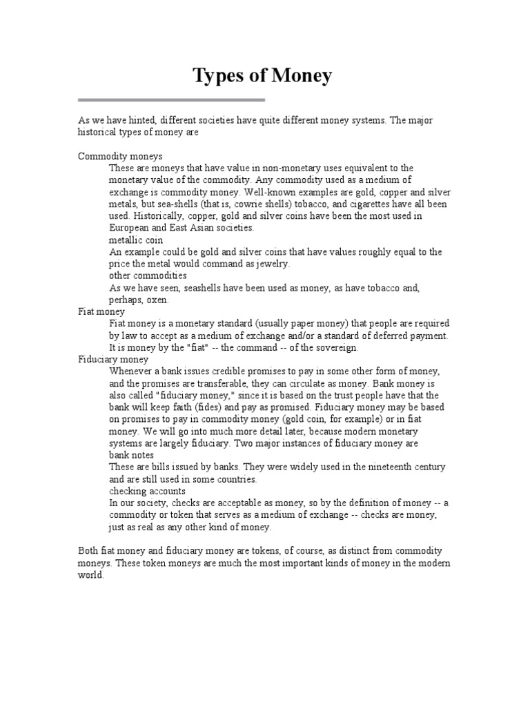 Types of Money: Commodity, Fiat, Fiduciary | PDF | Fiat Money | Medium ...