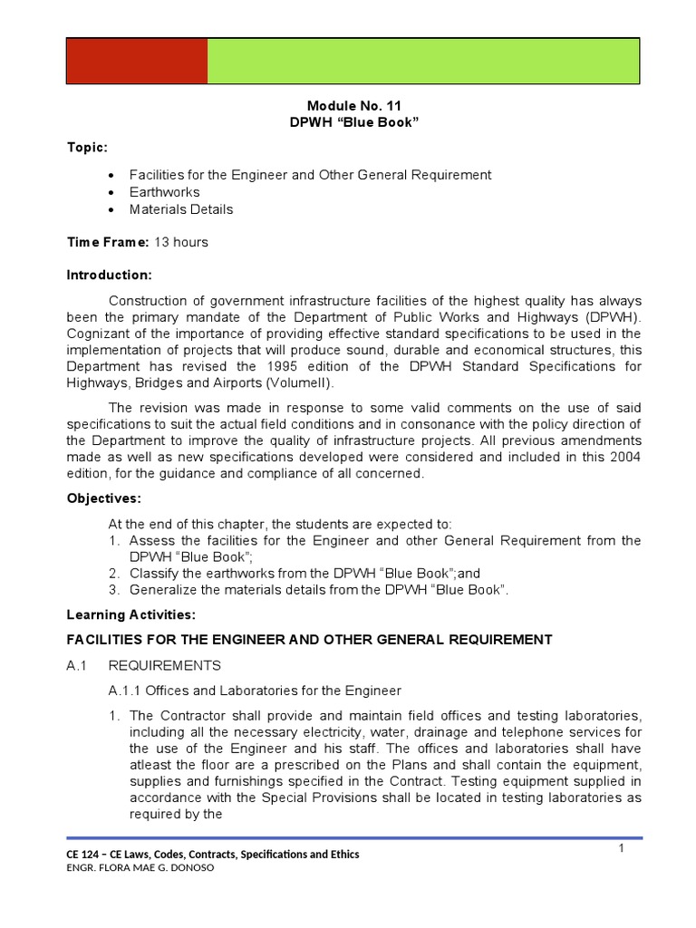 Facilities, Earthworks, and Materials Details from the DPWH Standard ...