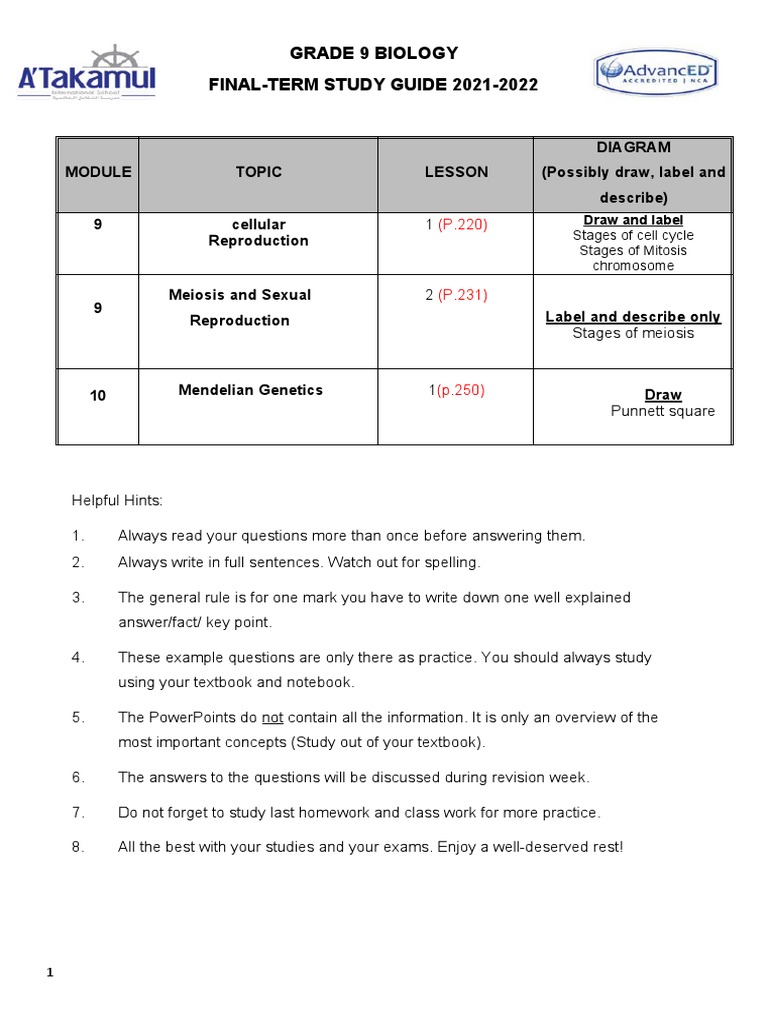 Grade 9 Biology Study Guide | PDF | Ploidy | Meiosis