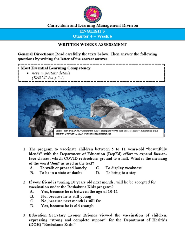 Competency-Based Assessment G3 English Noting Details | PDF | Health ...