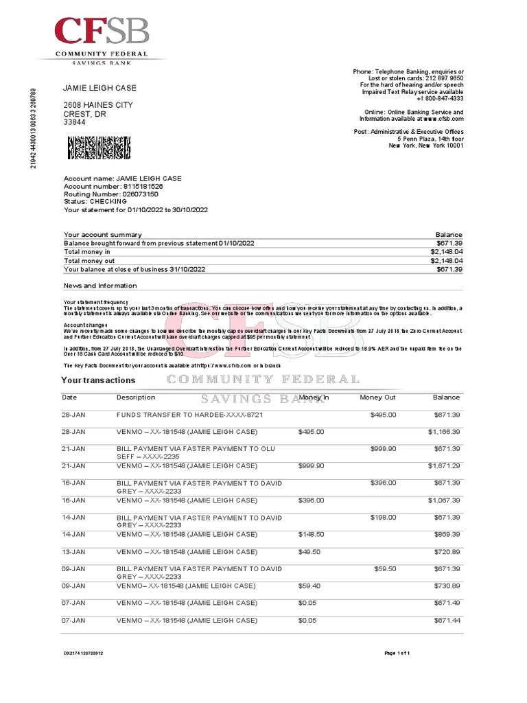 Jamie Case CFSB Bank Statement | PDF | Transaction Account | Overdraft