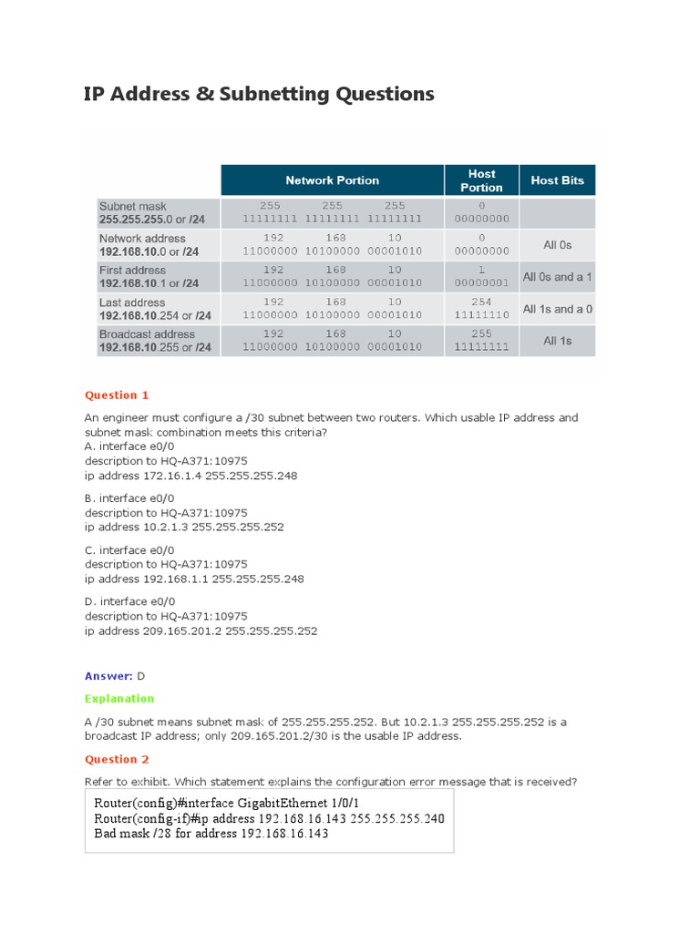 Subnetting and IP Addressing Fundamentals: An In-Depth Look at IP Configuration Questions | PDF ...