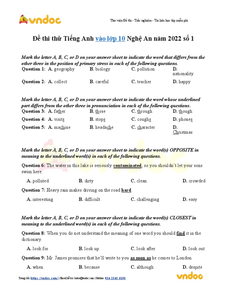 De Thi Thu Tieng Anh Vao Lop 10 Nghe An Nam 2022 So 1 | Download Free PDF | Pathogen