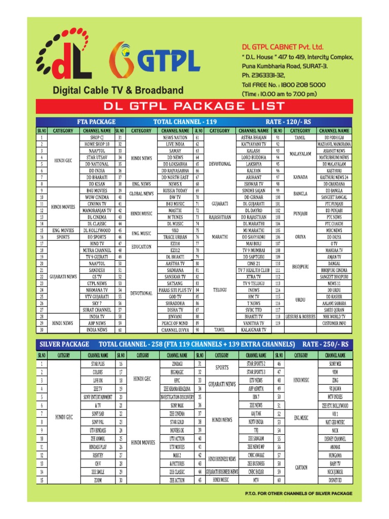DL GTPL Cable TV Package Details | PDF | High Definition Television | Video