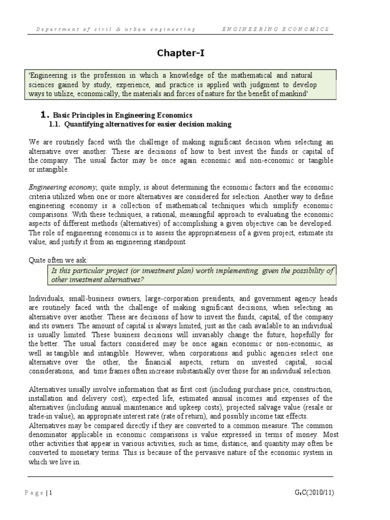 Chapter-I: Basic Principles in Engineering Economics 1.1. Quantifying ...