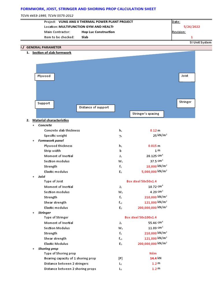 Formwork, Joist, Stringer and Shoring Prop Calculation Sheet | PDF ...