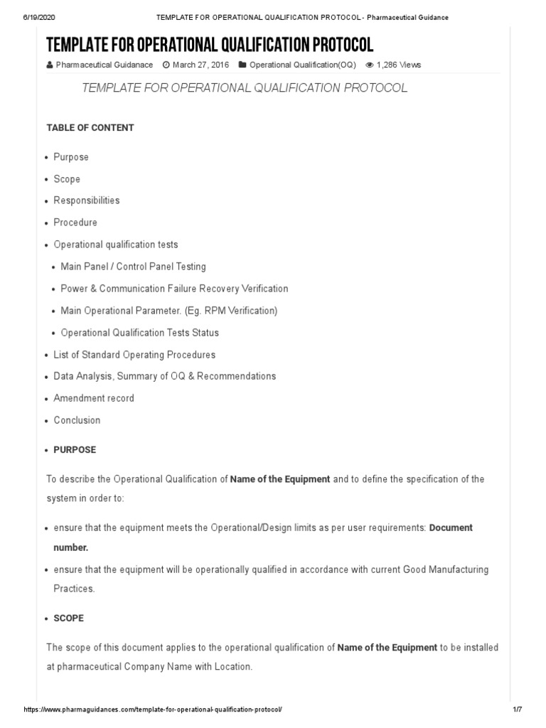 TEMPLATE FOR OPERATIONAL QUALIFICATION PROTOCOL - Pharmaceutical ...