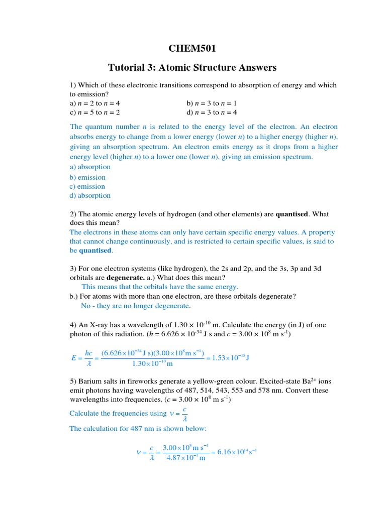 Atomic Structure Answers | PDF | Emission Spectrum | Atomic Orbital