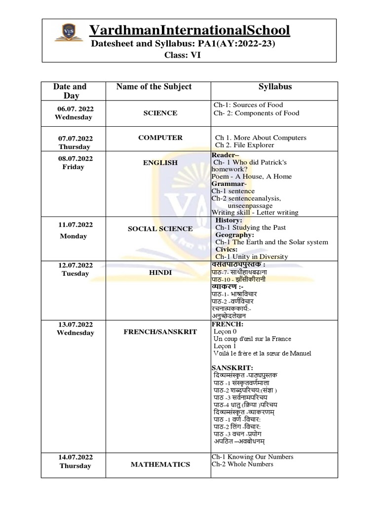 class 6 P.A.1 syllabus and datesheet | PDF