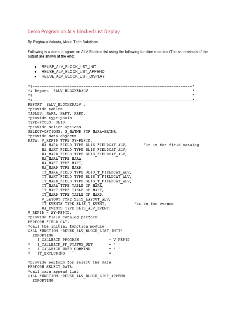Demo Program On ALV Blocked List Display | PDF | Computing | Computer ...