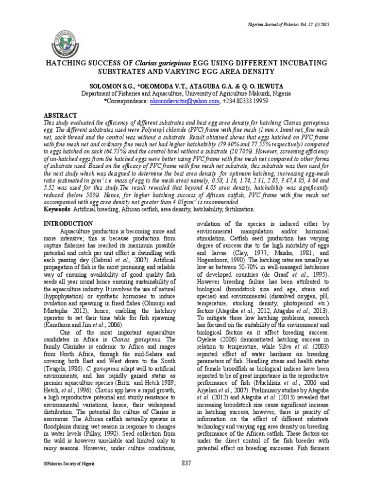 Hatching Success of Clarias Gariepinus Egg Using Different Incubating ...