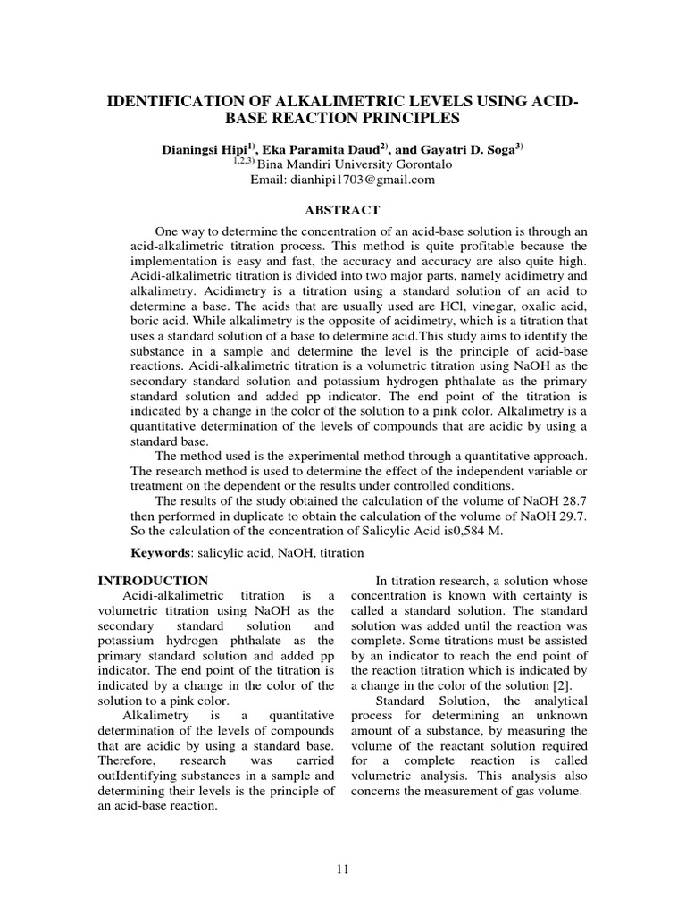 Identification of Alkalimetric Levels Using Acid-Base Reaction ...