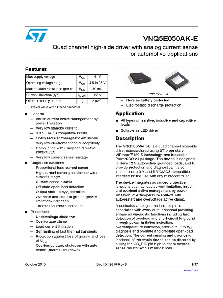 VNQ5E050AK-E: Quad Channel High-Side Driver With Analog Current Sense For Automotive ...