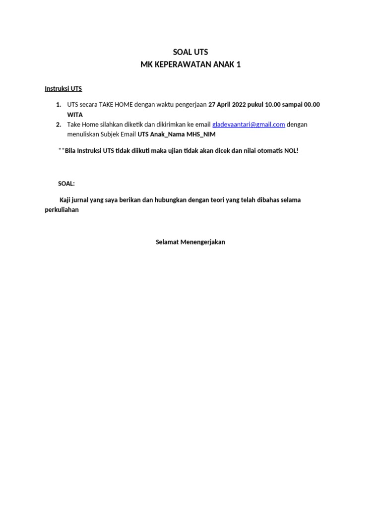 Soal Uts MK Keperawatan Anak 1 | PDF | Palliative Care | Nursing