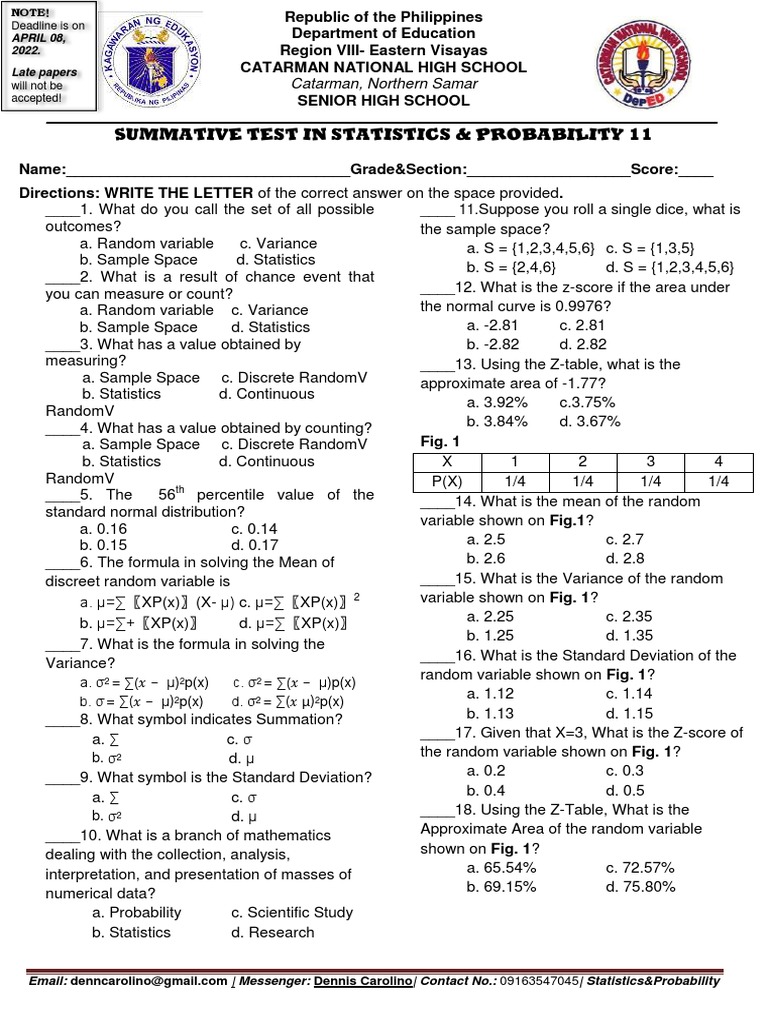 Variance and Probability Test Questions | PDF | Probability ...