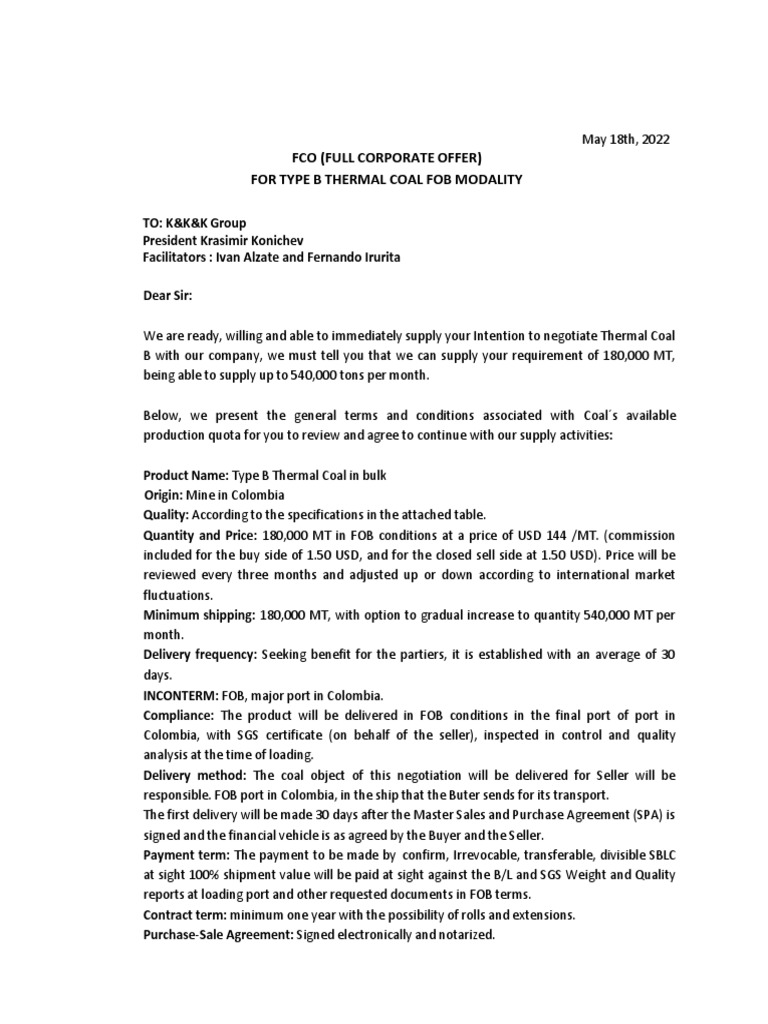 Fco (Full Corporate Offer) For Type B Thermal Coal Fob Modality | PDF ...