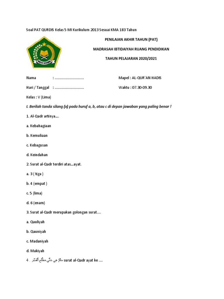 Soal PAT QURDIS Kelas 5 MI Kurikulum 2013 Sesuai KMA 183 Tahun | PDF