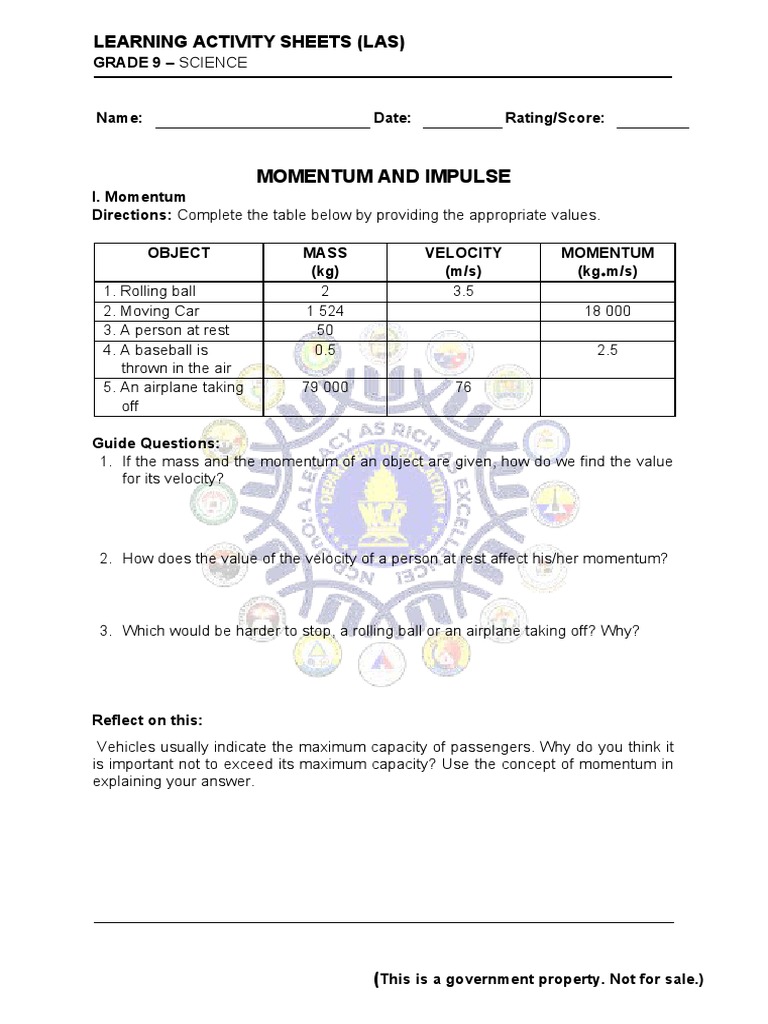 Momentum and Impulse Learning Activity | PDF | Collision | Momentum
